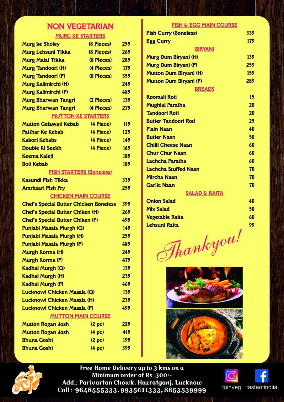Menu at Taste of India Veg & NonVeg Delicacies, Lucknow, Shop Number 1