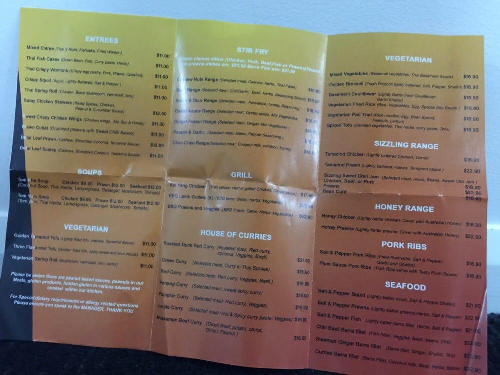 Menu at Thai Basement restaurant, Gladstone Central, 169 Goondoon St