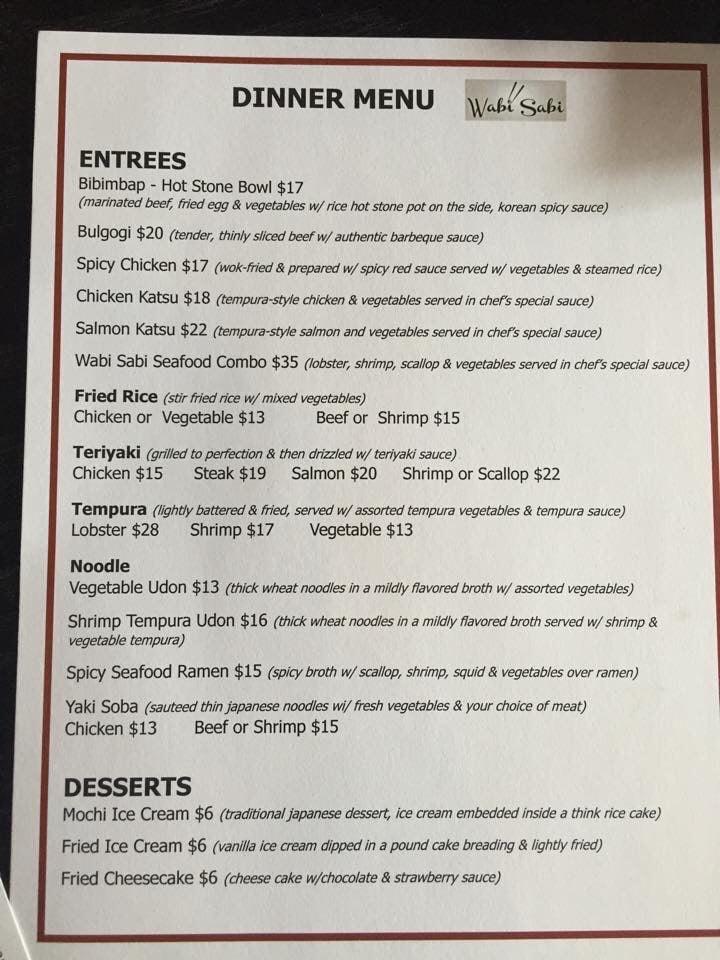 Menu at Wabi Sabi restaurant, Covington