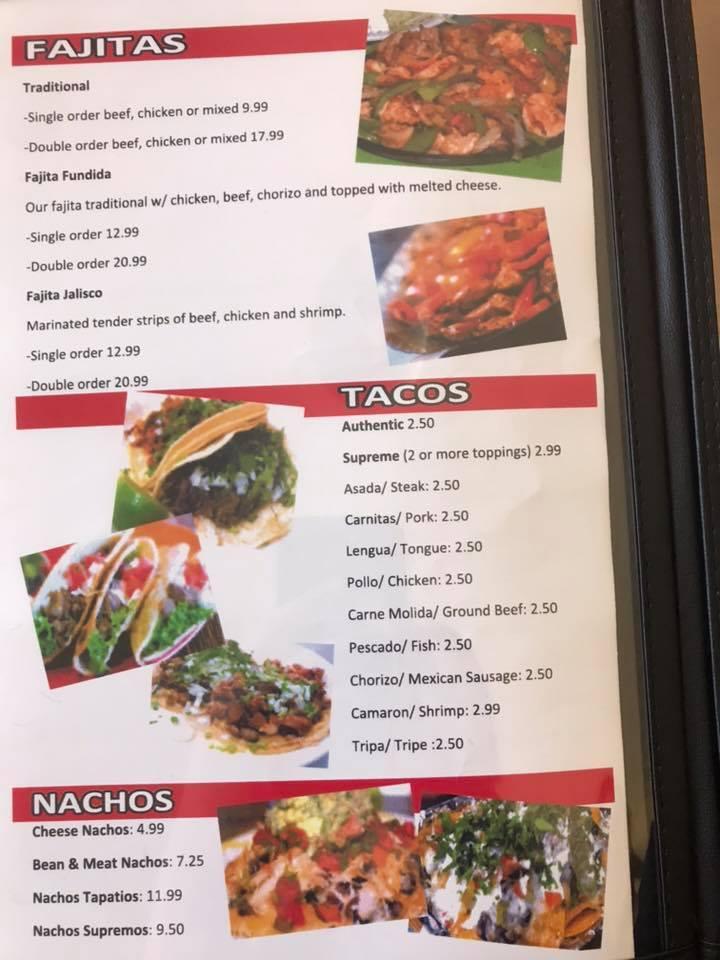 Menu at El Tapatio restaurant, Monticello