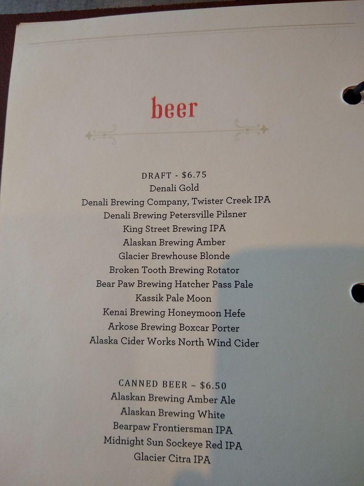 Menu at Denali Princess Wilderness Lodge restaurant, McKinley Park