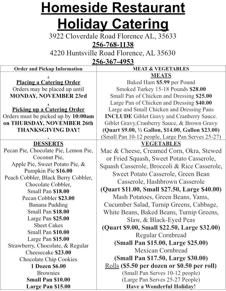 Menu at Homeside Restaurant - Cloverdale Rd., Florence, Cloverdale Rd