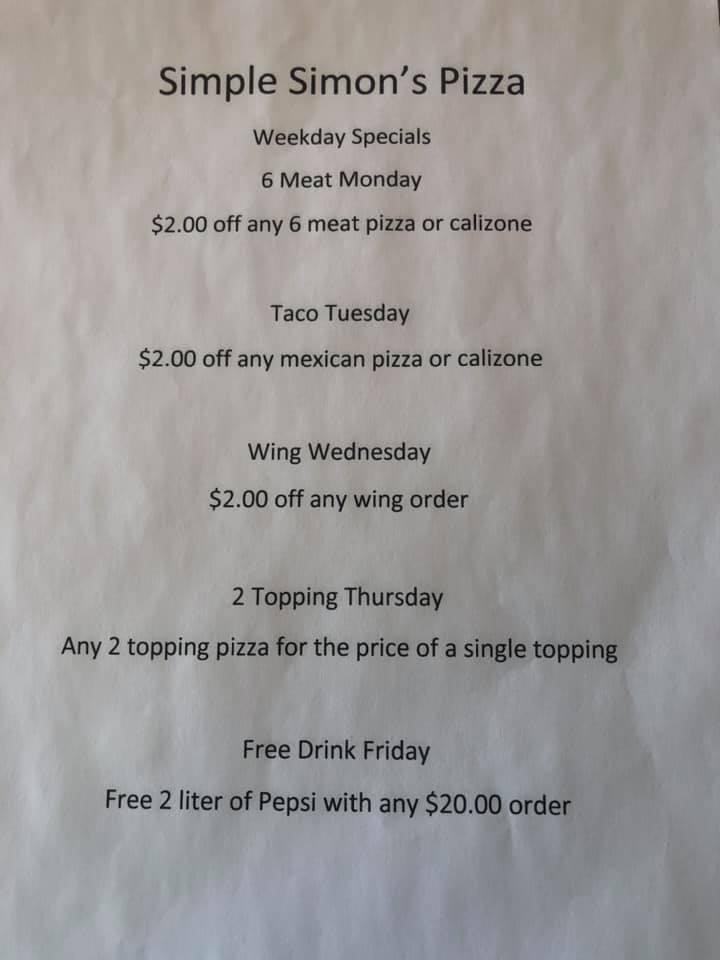 Menu at Simple Simon's Pizza - Erick, OK pizzeria, Erick