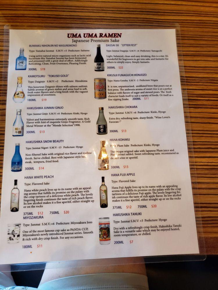 Menu at Uma Uma restaurant, Ellicott City