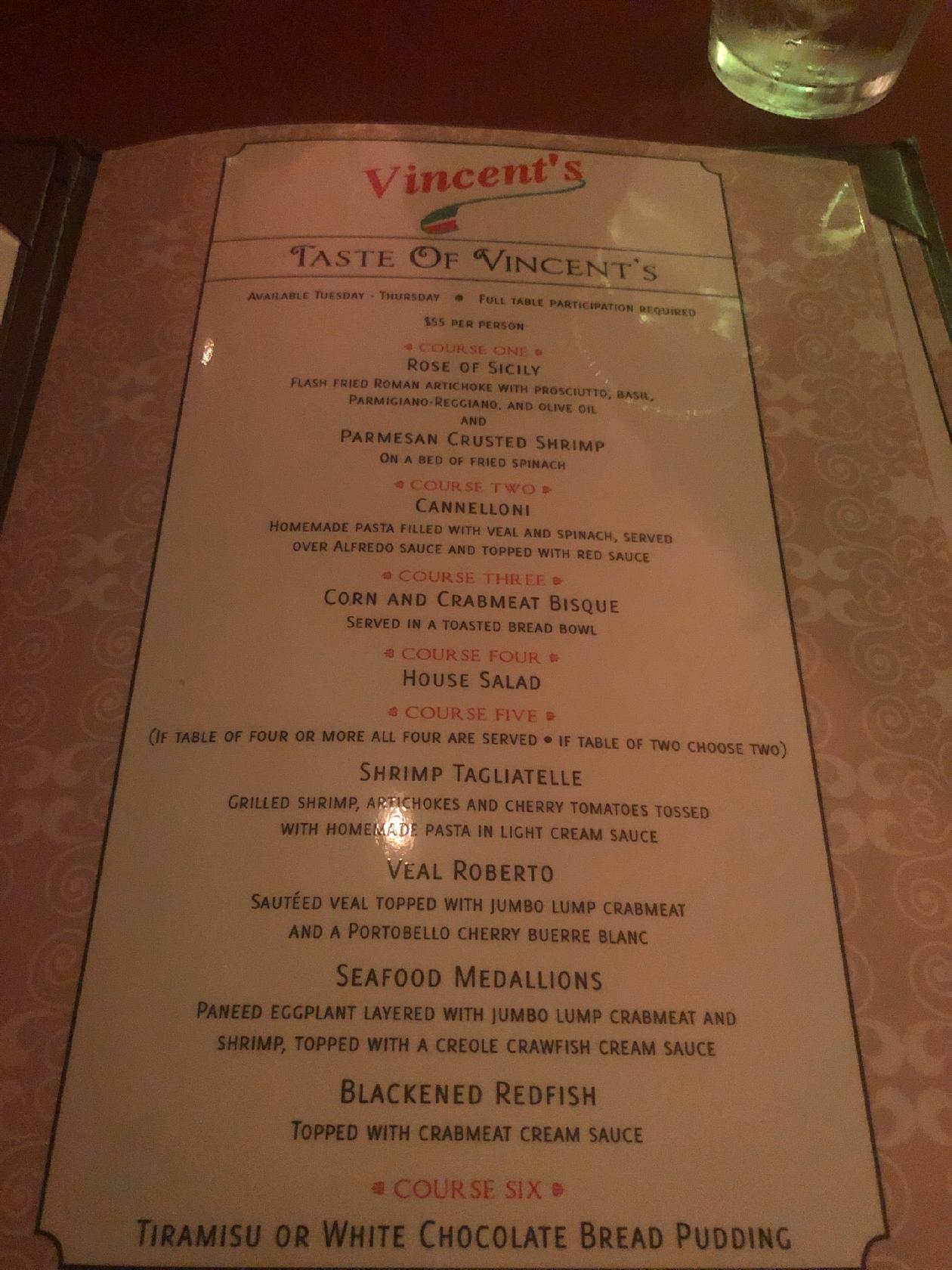 Menu at Vincent's Italian Cuisine restaurant, New Orleans, St Charles Ave