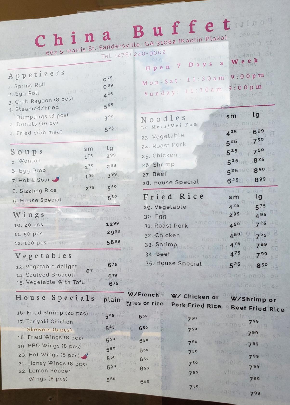 Menu at China Buffet restaurant, Sandersville
