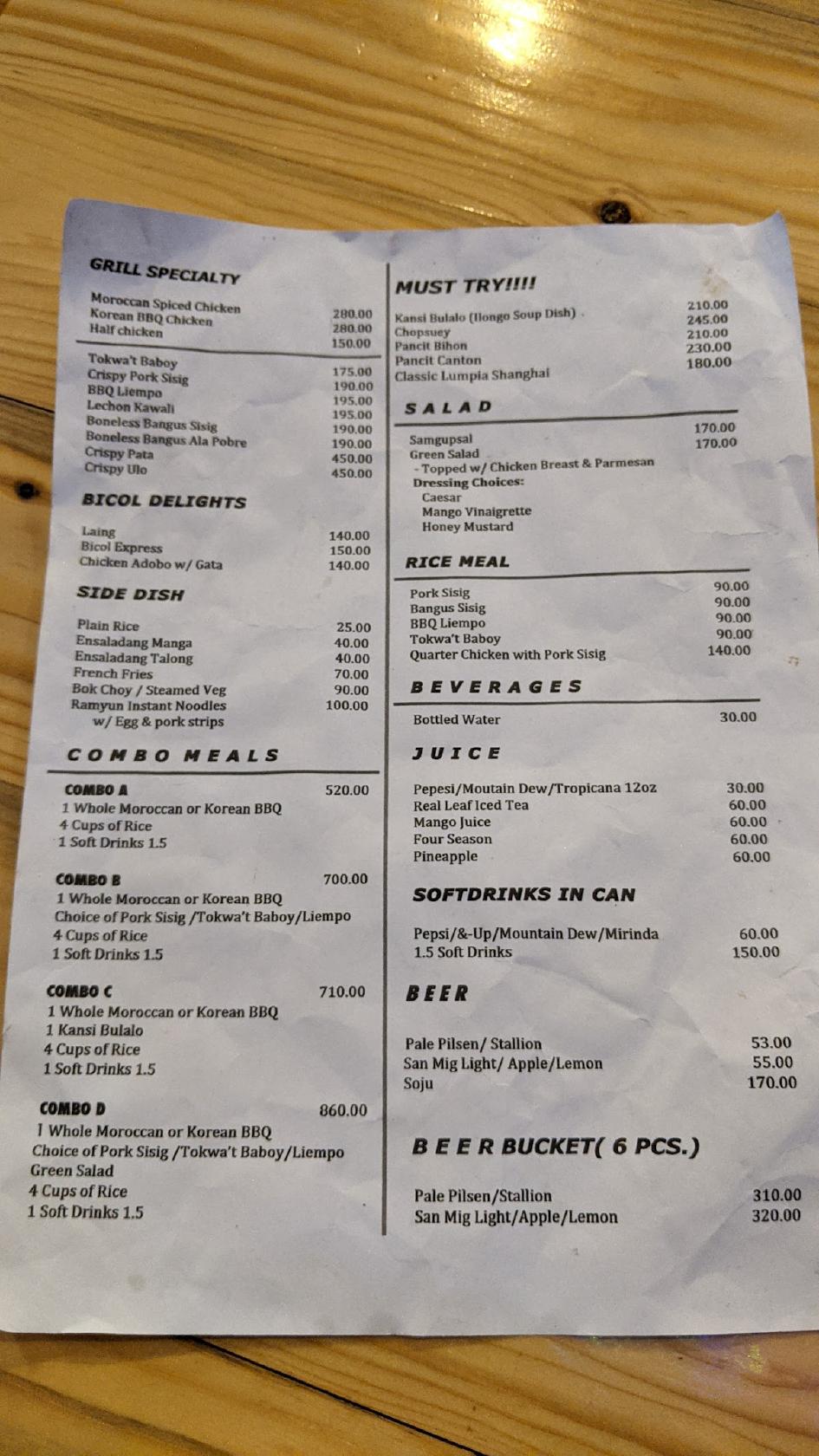 Menu at Cusina de Parilla restaurant, Angeles, Plaridel Street
