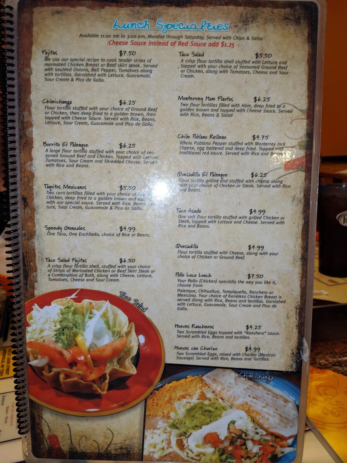 Menu at El Palenque Mexican Restaurant, Batesville, Harrison St