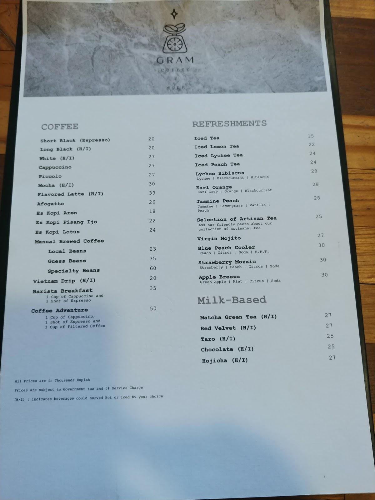 Menu at GRAM Coffee and More cafe, Cilegon