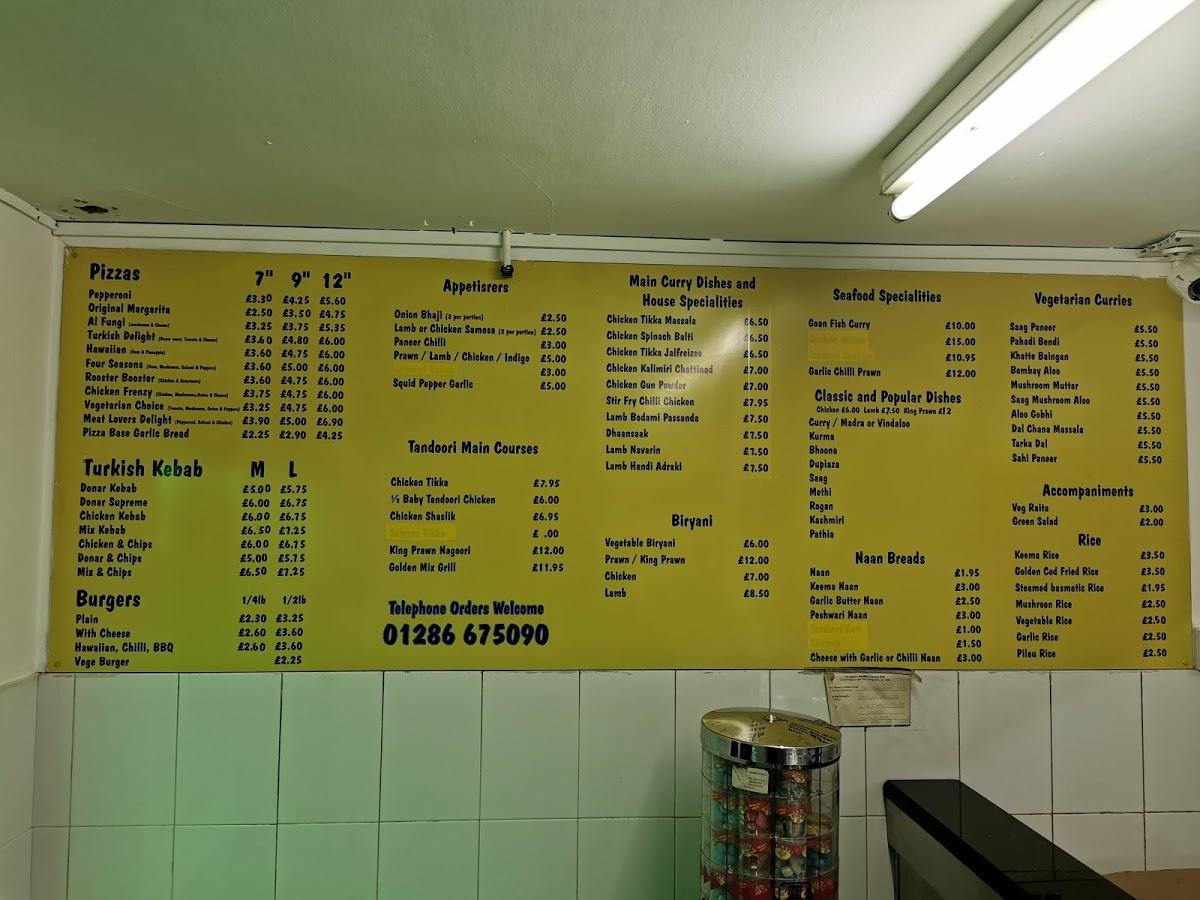 Menu at Golden Cod fast food, Caernarfon