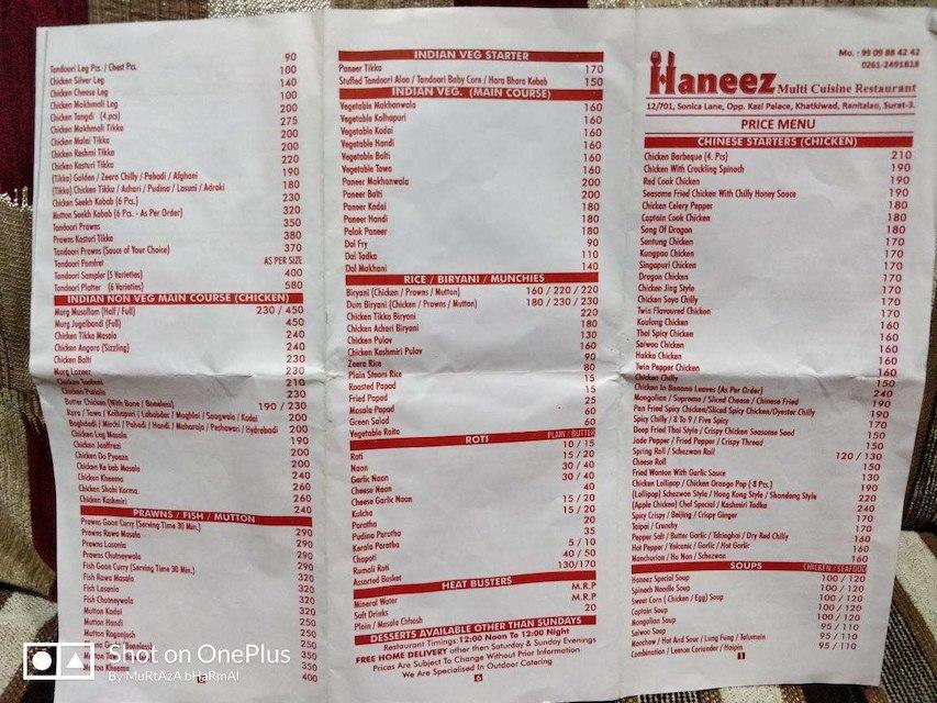 Menu at Haneez Restaurant, Surat