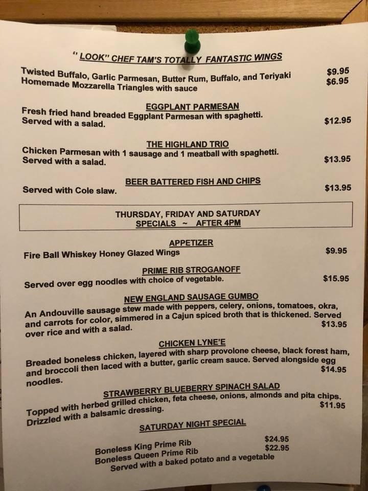 Menu at Highland restaurant, Pittsfield