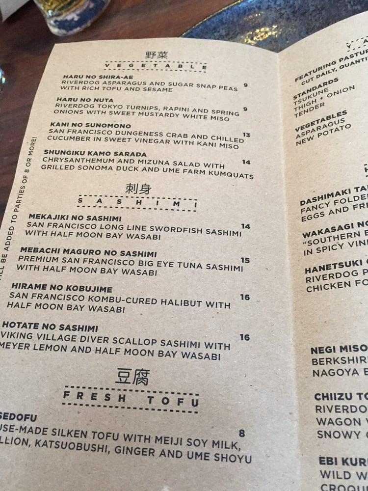 Menu at Rintaro restaurant, San Francisco