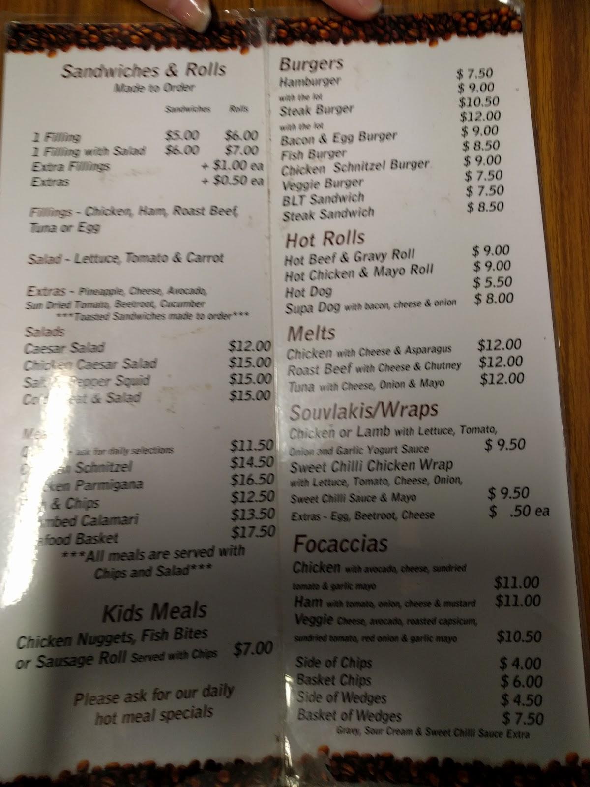 Menu at Lucy's Tearooms restaurant, Northam