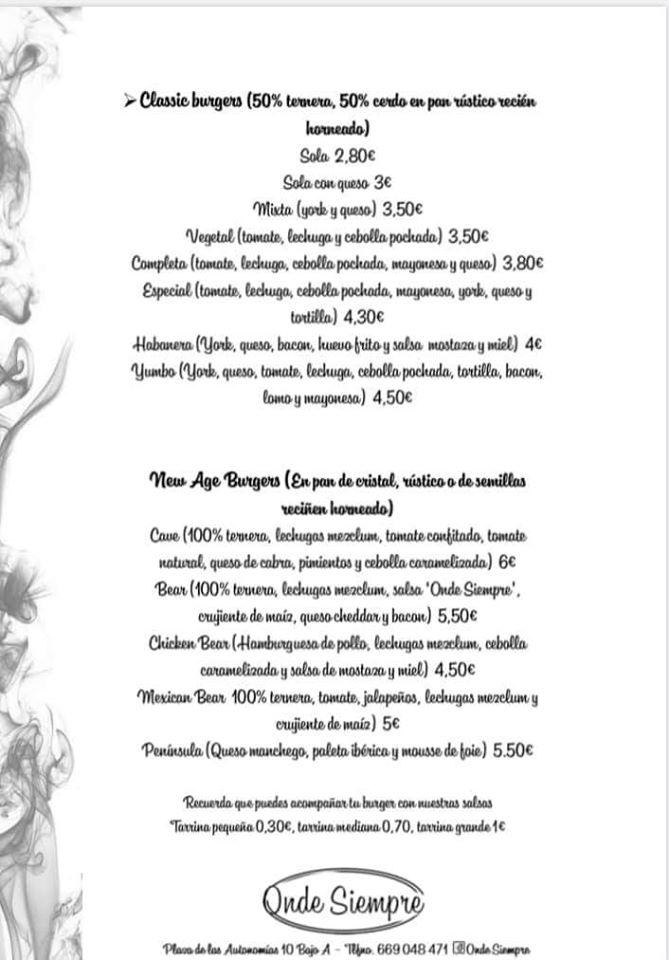 Menu at Onde Siempre restaurant, Torrelavega, Pl. de las Autonomías