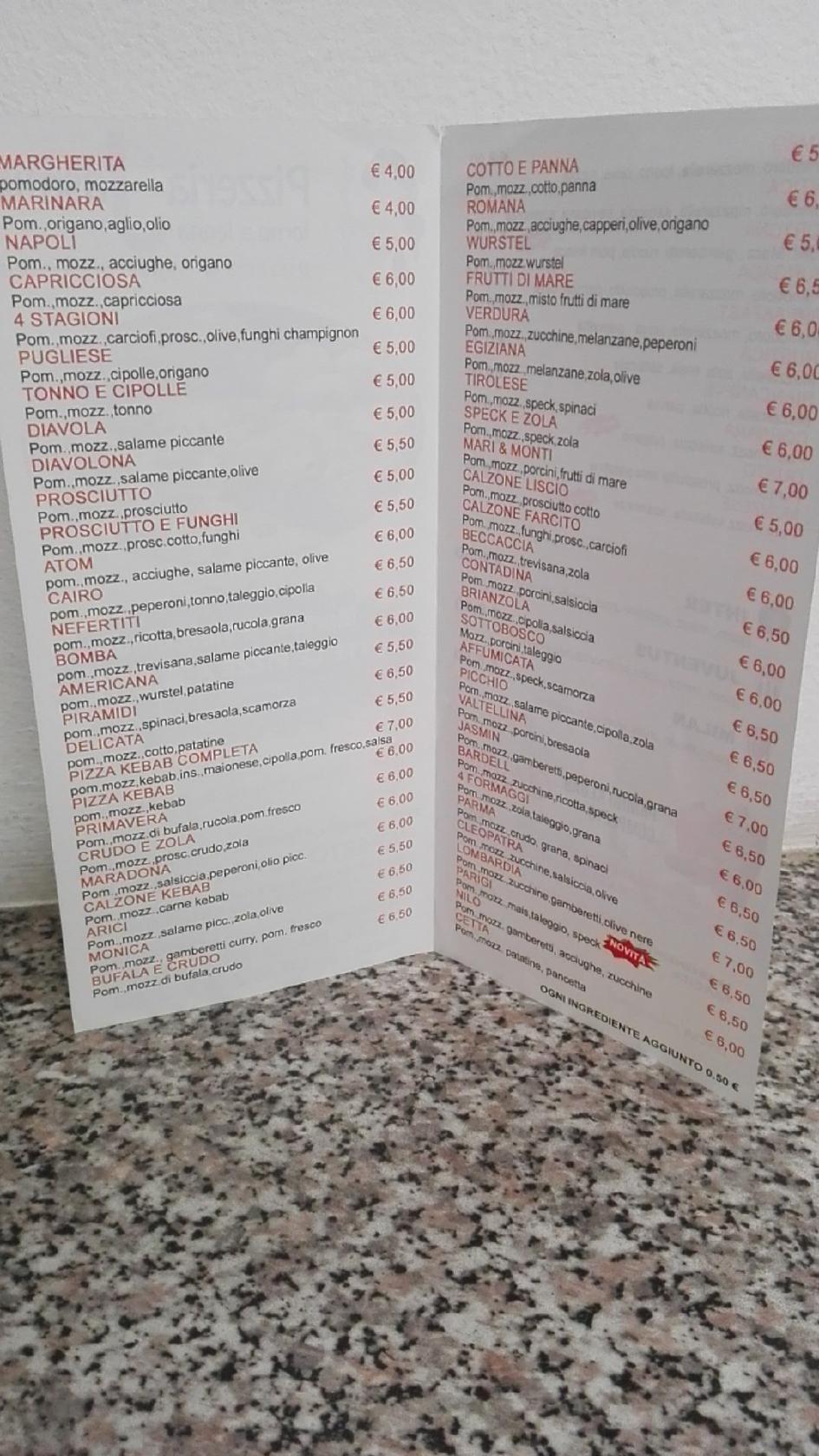 Menu at Pizzeria Jasmin, Bardello