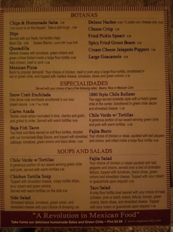 Menu at Zapata's restaurant, Cody, Sheridan Ave