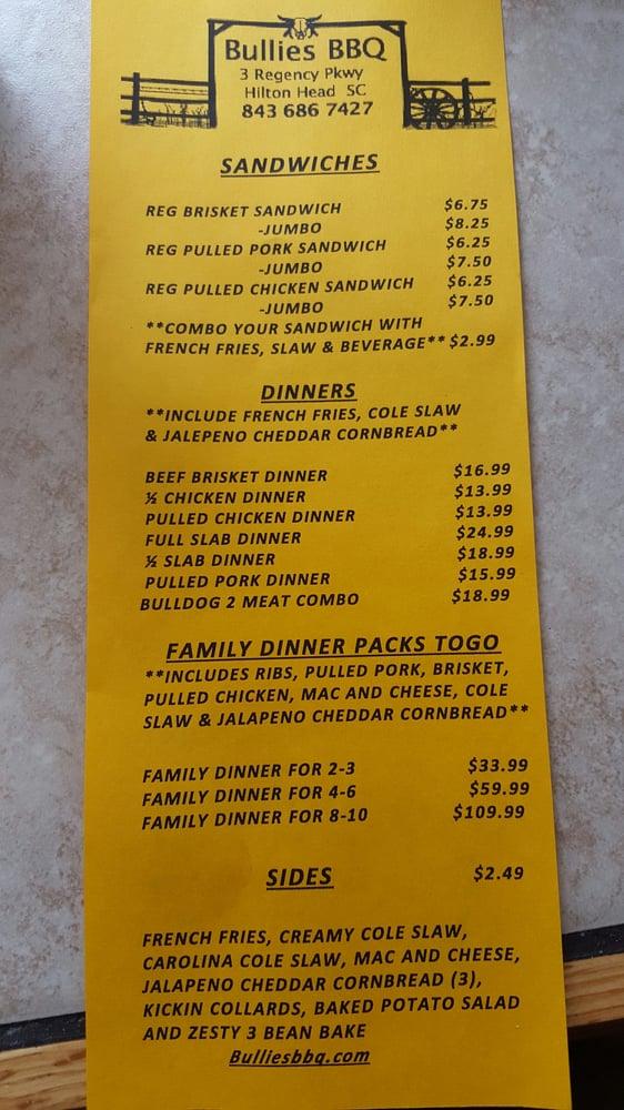 Menu at Bullies BBQ, Hilton Head Island