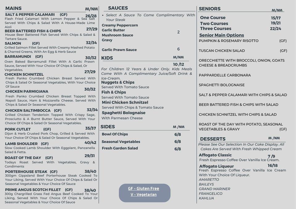 Menu at The Italian Australian Sporting Club, Morwell, 499-501 Princes Dr
