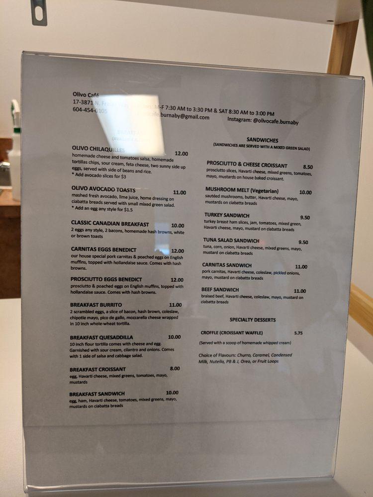 Menu at Olivo Cafe, Burnaby