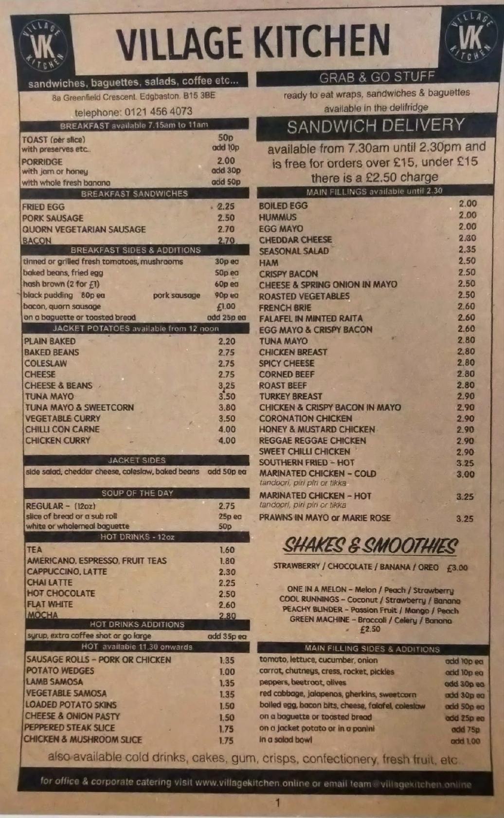 Menu at Village Kitchen, Birmingham, 8a Greenfield Cres