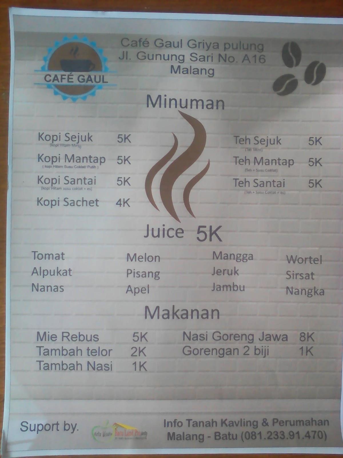 Menu at Cafe Gaul Cofee Wifi, Malang