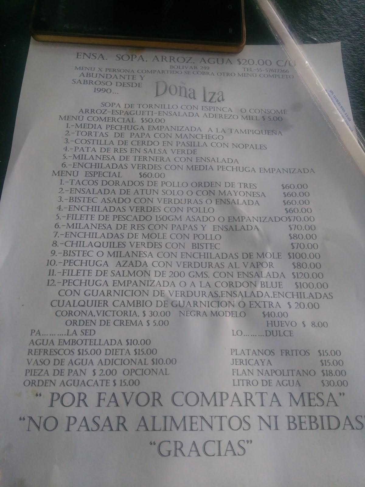 Menu at Doña Iza restaurant, Mexico City, Simón Bolívar
