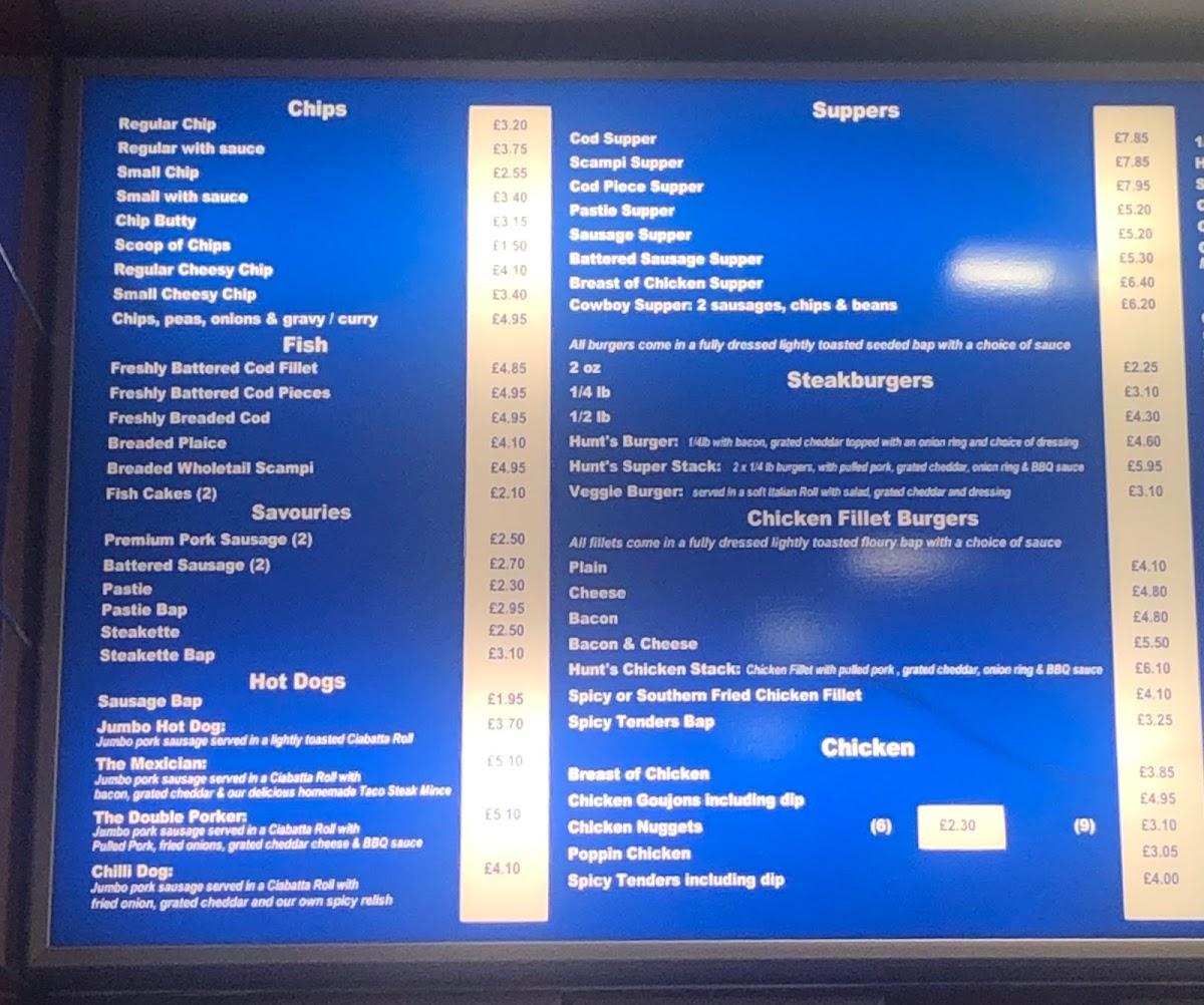Menu at Hunt's Traditional Fish and Chips restaurant, Lisburn