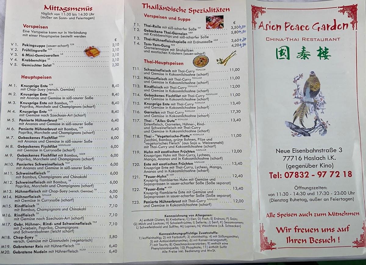 Speisekarte von Peace Garden - China-Thai restaurant, Haslach im Kinzigtal