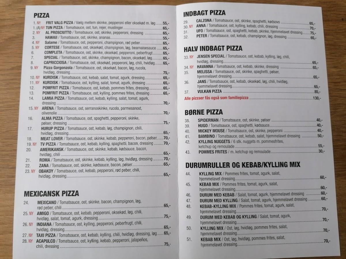 Menu at Pizzeria Zana, Hurup