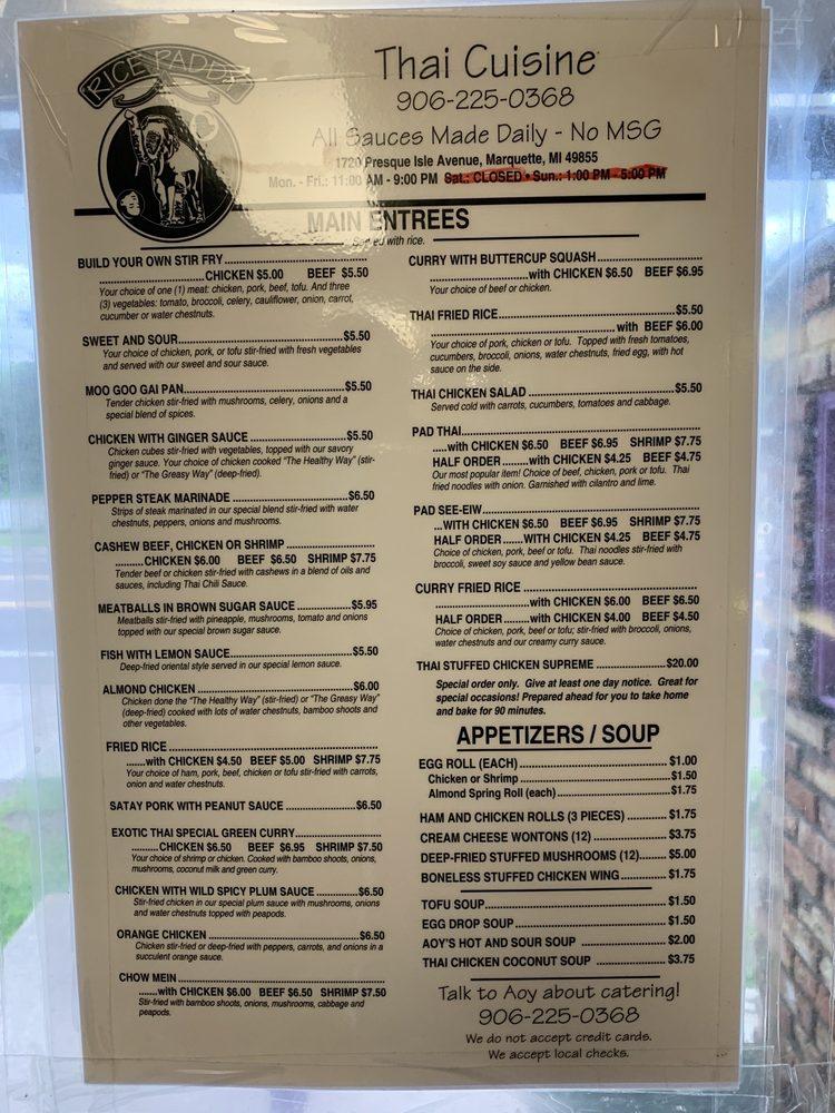 Menu at Rice Paddy restaurant, Marquette