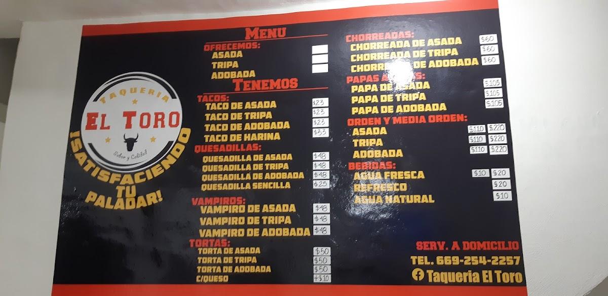 Menu at Taquería El Toro restaurant, Mazatlán