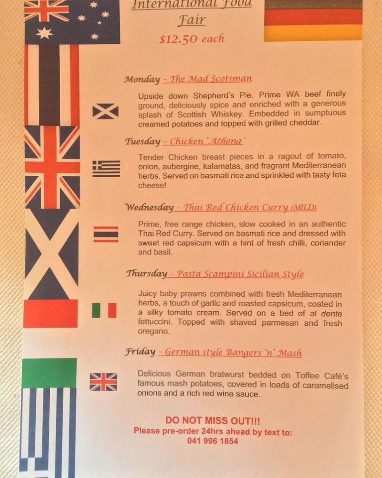 Menu at Toffee Cafe, Perth