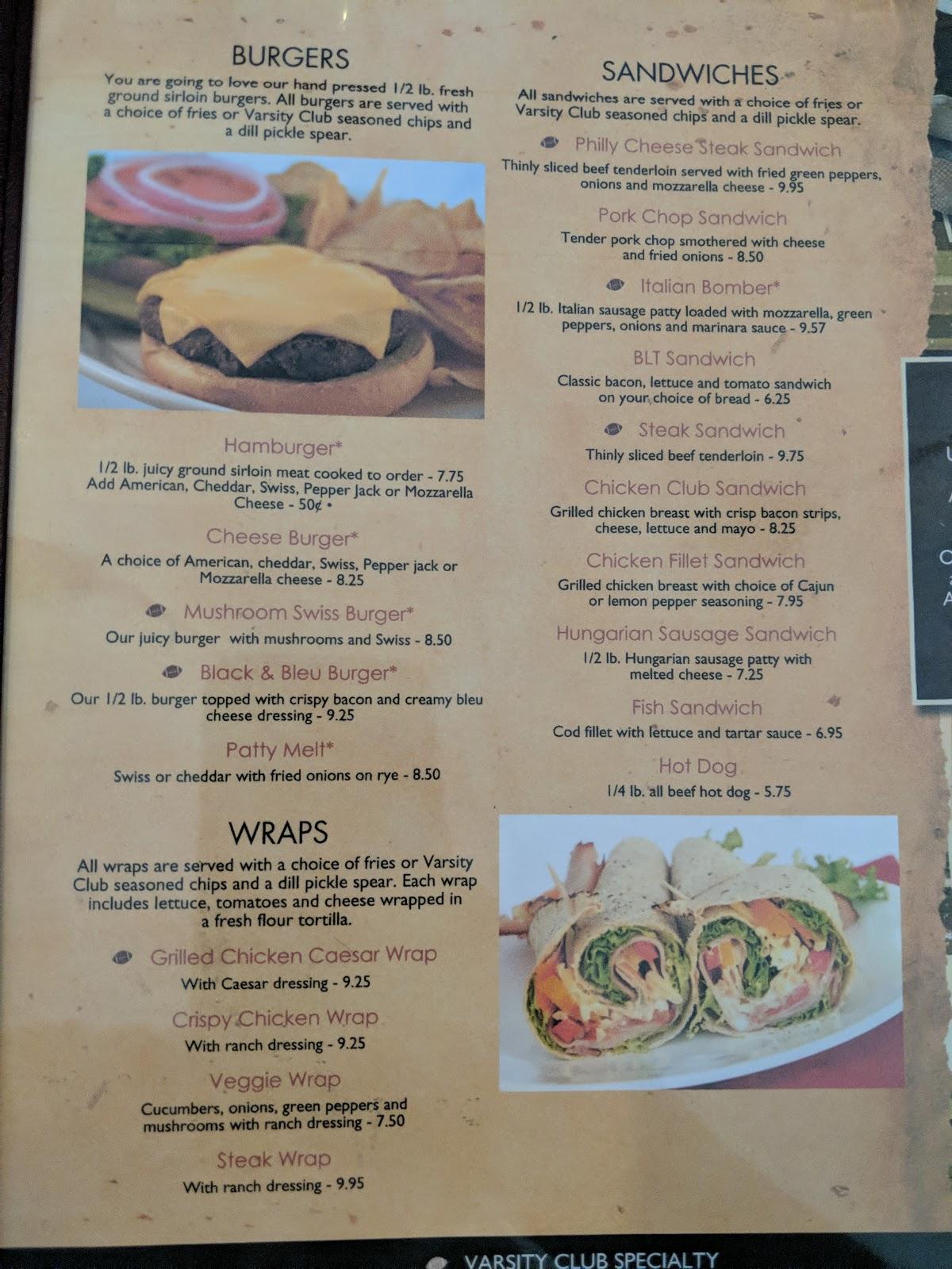 Menu at Varsity Club, New Berlin