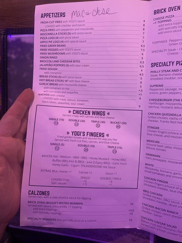 Menu at Yogi's Brick Oven Bistro pizzeria, Akron