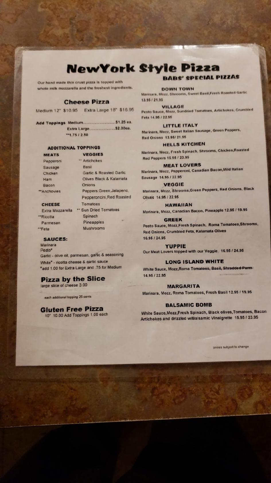 Menu at Babs’ Pizzeria, Sandpoint