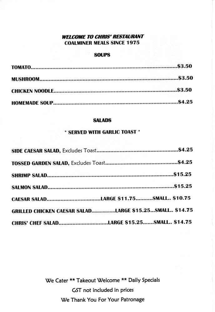Menu at Chris' Restaurant, Crowsnest Pass