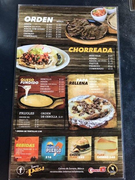 Menu at El Paisa restaurant, Cabo San Lucas, Blvd. Lázaro Cárdenas