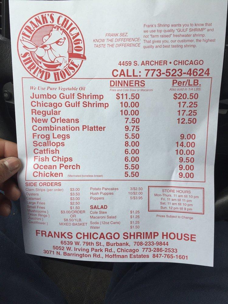 Menu at Frank's Chicago Shrimp House restaurant, Chicago, S Archer Ave