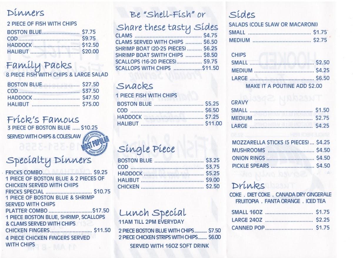 Menu at Frick's Fish & Chips fast food, Chatham-Kent