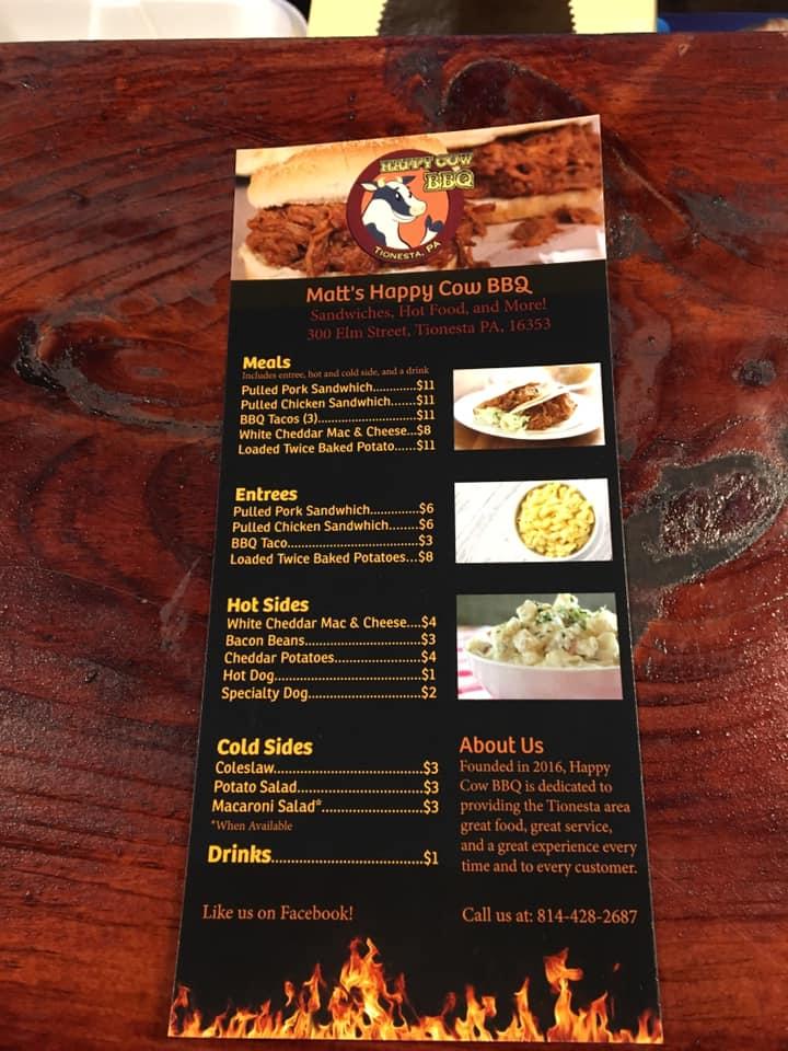 Menu at Matt’s Happy Cow BBQ LLC, Tionesta