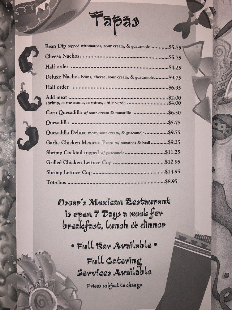 Menu at Oscar's Mexican Restaurant, Redlands