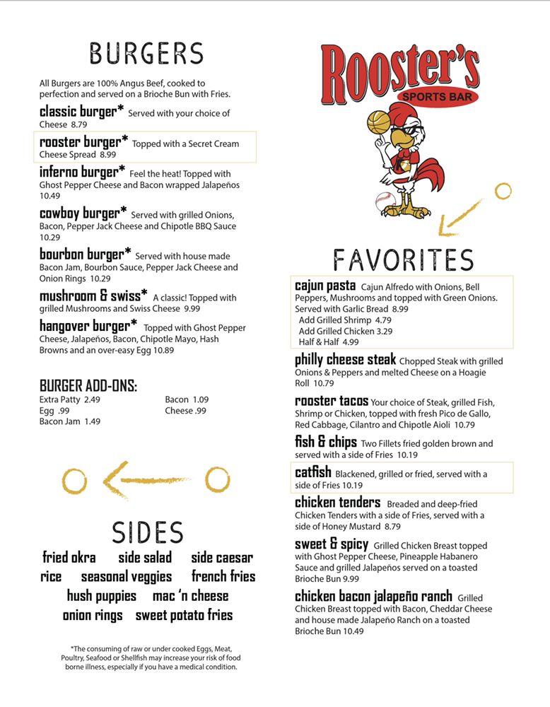 Menu at Roosters Sports Bar - Tulsa, Tulsa