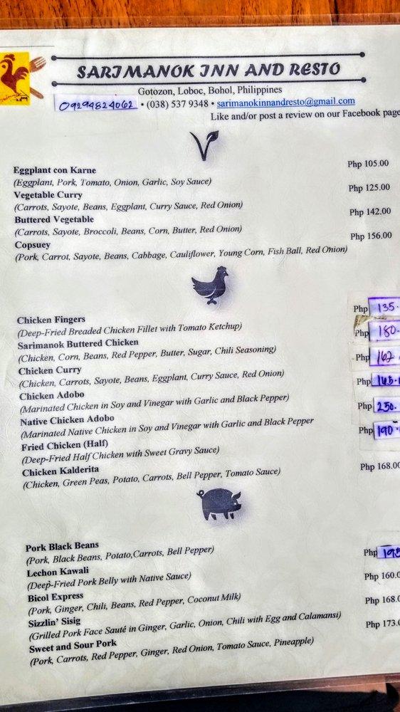 Menu at Sarimanok Inn & Resto restaurant, Loboc, J2WG+6XM