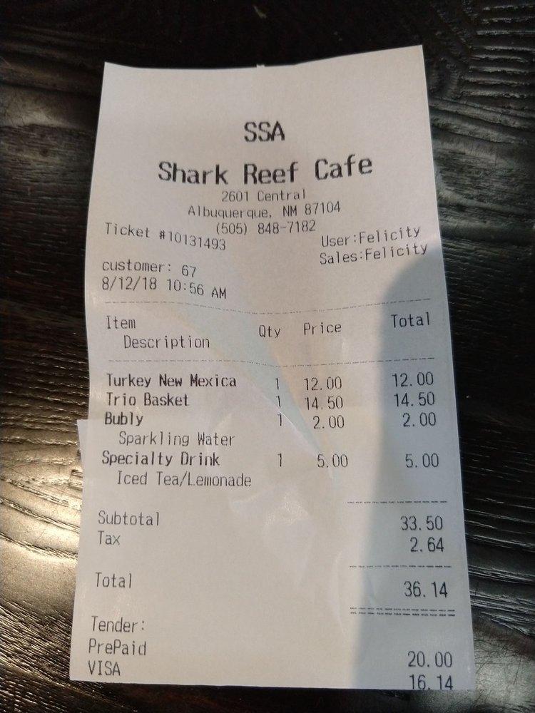 Menu at Shark Reef Cafe, Albuquerque