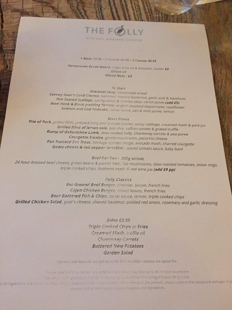 Menu at The Folly Restaurant, Oxford