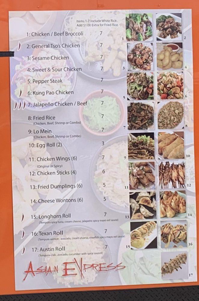 Menu at Asian express restaurant, Austin