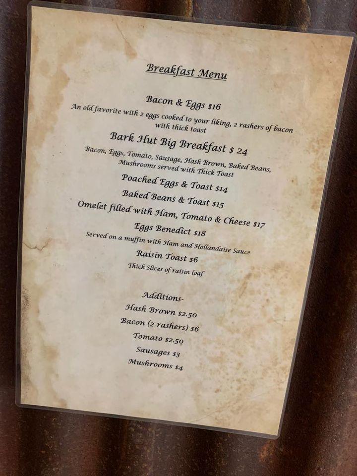 Menu at Bark Hut, Point Stuart