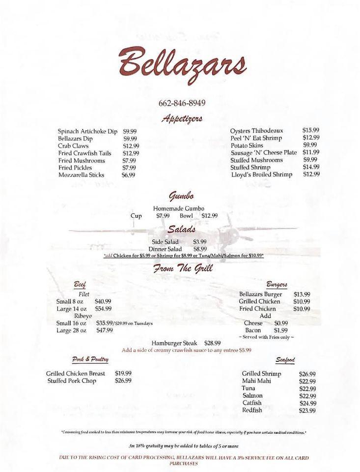 Menu at Bellazar's Inc steakhouse, Boyle