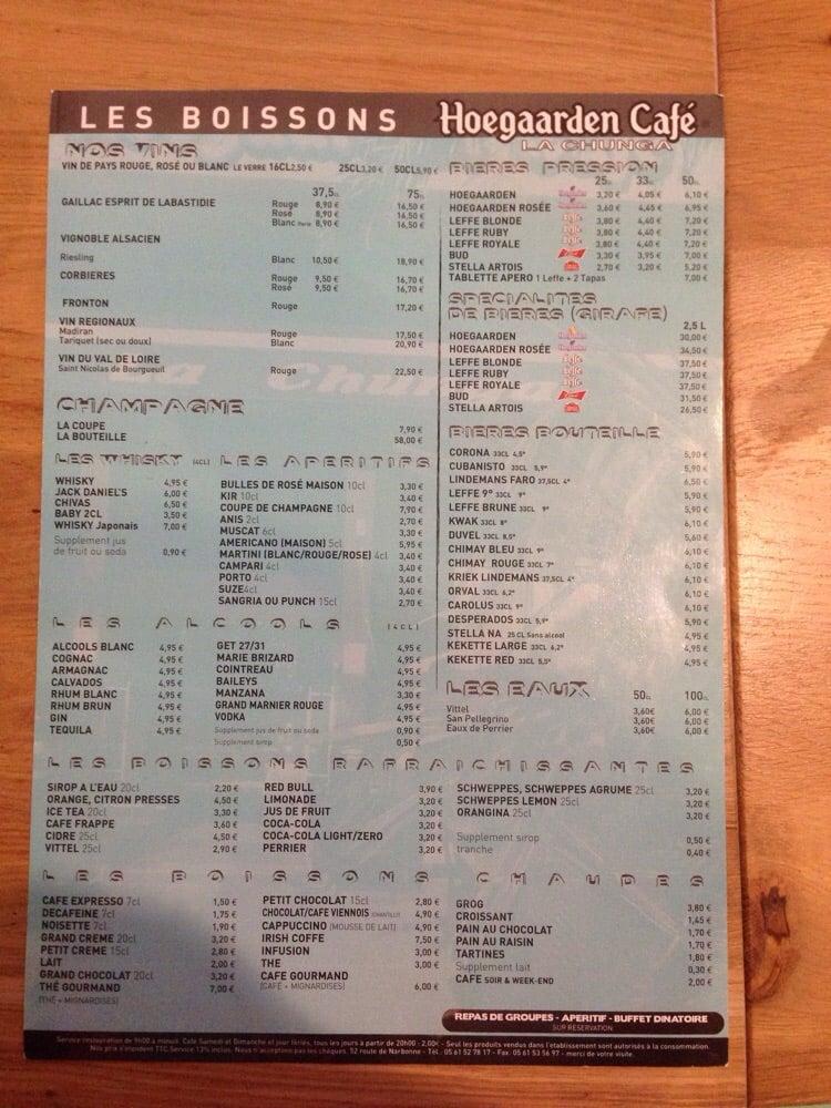 Menu at Café La Chunga, Toulouse